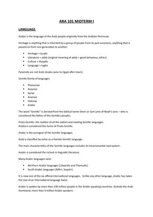 ARA 101 Midterm 1 Notes ARA 101 MIDTERM 1 LANGUAGE Arabic Is The