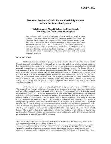 Pdf Aas 07 256 500 Year Eccentric Orbits For The Cassini Spacecraft