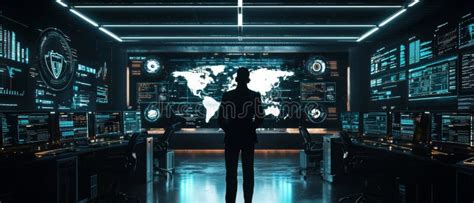 Advanced Cybersecurity Command Center In A Dark Futuristic Setting Stock Illustration