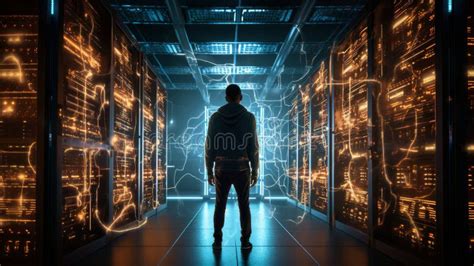 Silhouette Of A Male Hacker In A Server Room Neural Network Ai Generated Stock Image Image Of