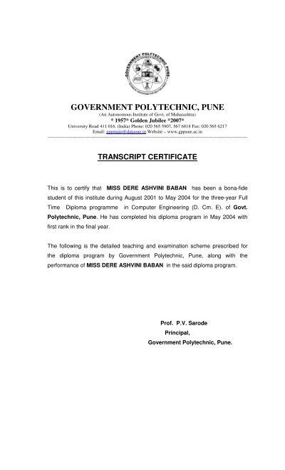 Transcript Certificate Government Polytechnic Pune