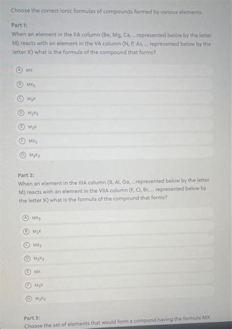 Solved Choose The Correct Ionic Formulas Of Compounds Formed Chegg Com
