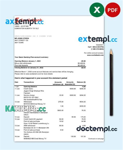 Sample Australia Scotiabank Bank Statement Excel And PDF Template Pages Download