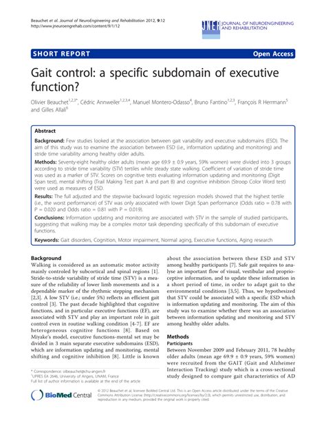 Pdf Gait Control A Specific Subdomain Of Executive Function