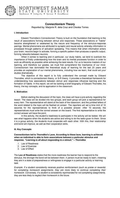 Connectionism Theory Connectionism Theory Reported By Marjorie R