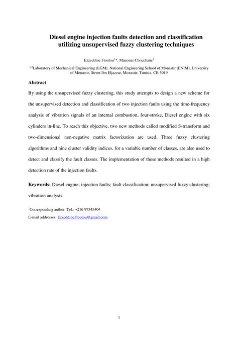 Pdf Diesel Engine Injection Faults Detection And Classification Utilizing Unsupervised Fuzzy
