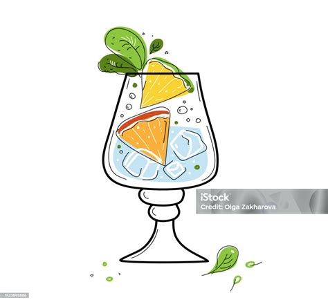 오렌지 베리 박하를 안경에 담은 하드 셀처 칵테일 벡터 낙서 스케치 세트 일러스트레이션 감귤류 과일에 대한 스톡 벡터 아트 및