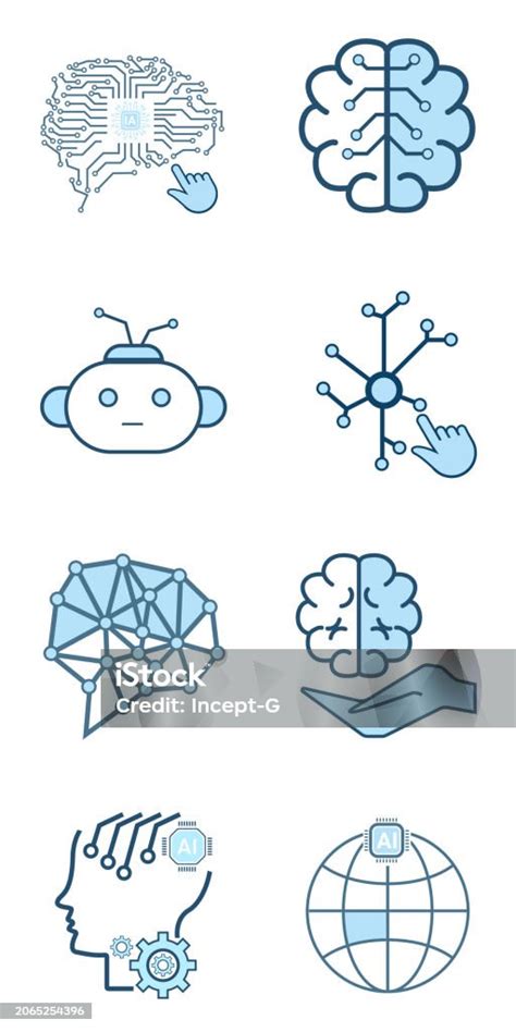 인공 Ai 아이콘 컬렉션 고립 된 라인 머신 Ai 아이콘 디자인 기술 두뇌 사이버네틱 Ai 헤드 개념 및 Ai 기호 그룹 아이콘 디자인 세트 감지기에 대한 스톡 벡터 아트
