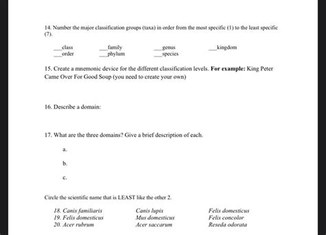 Solved Number The Major Classification Groups Taxa In Order From The 1 Answer
