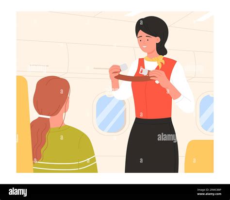 Cabin Crew Shows Fasten Belt Safety Measure Passengers On Airplane Stewardess Emergency