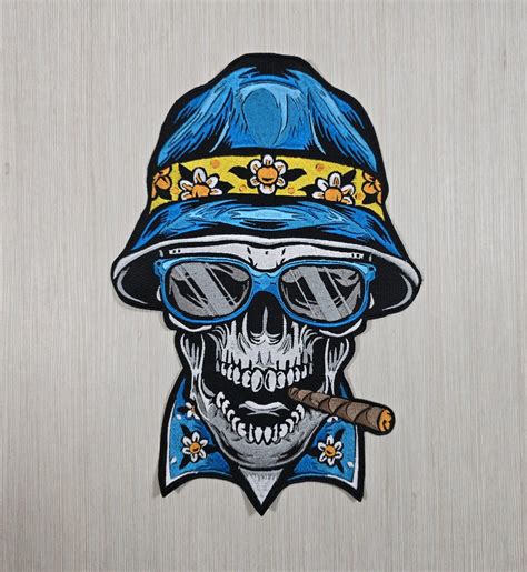 Large Blue Hawaiian Skull Patch Biker Skull Flower Patch Sew On Patch
