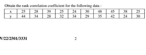 Obtain The Rank Correlation Coefficient For The Following Data Begin{t