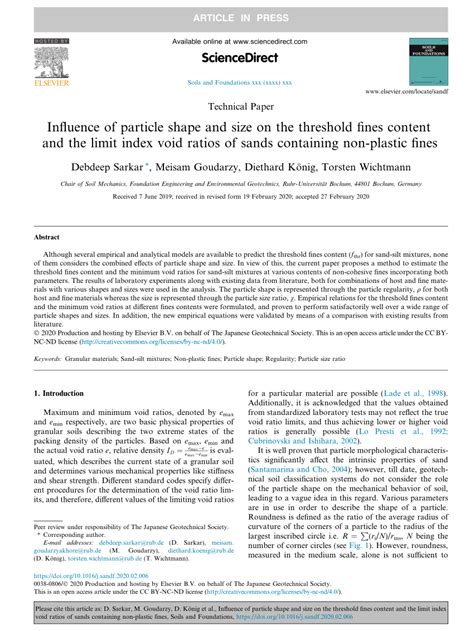 PDF Influence Of Particle Shape And Size On The Threshold Fines Content And The Limit Index