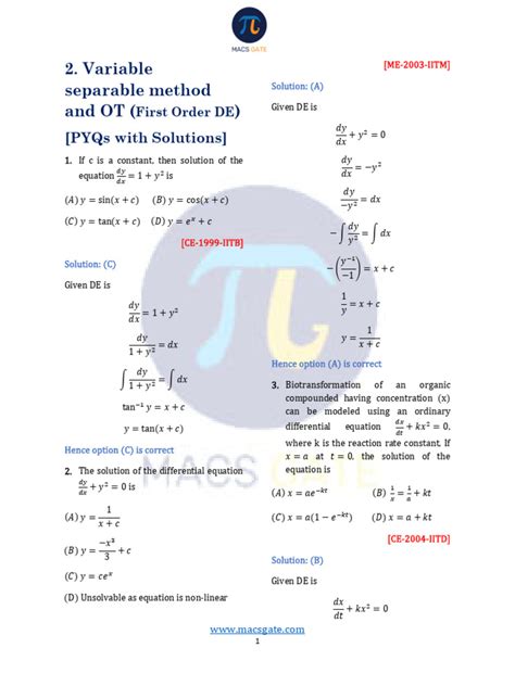 De 02 Variable Separable And Ot Pyq Final Pdf