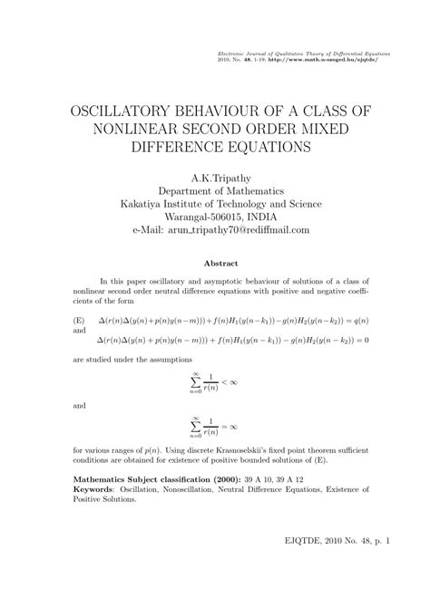 Pdf Oscillatory Behaviour Of A Class Of Nonlinear Second Order Mixed