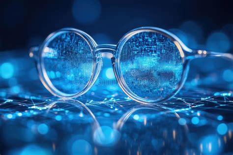 Futuristic Glasses With A Digital Overlay Glowing Against A Blue Background At Night Stock