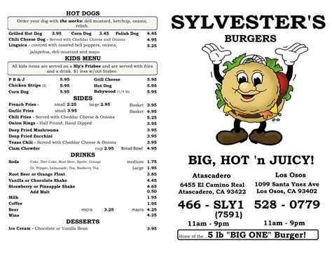 Menu At Sylvesters Burgers Restaurant Oceano