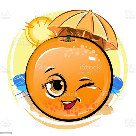 오렌지 쾌활한 미소 총구와 육즙 붉은 과일 만화 스타일 흰색 배경 위에 격리 벡터 그림입니다 밝은 여름 구성 윙크 유머에 대한