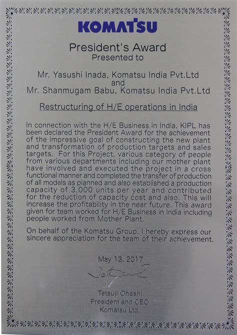 Awards And Achievements Komatsu India