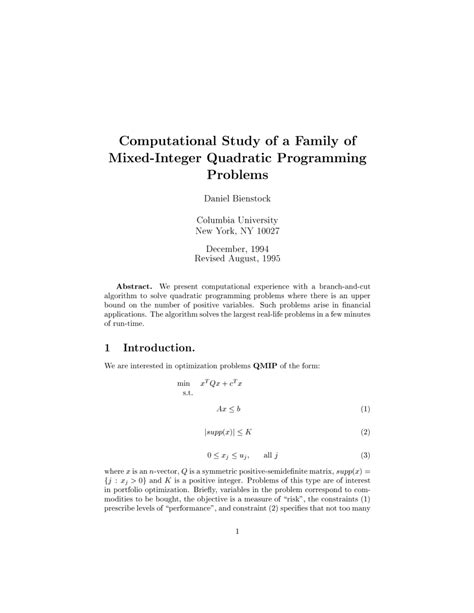 PDF A Computational Study Of A Family Of Mixed Integer Quadratic Programming Problems