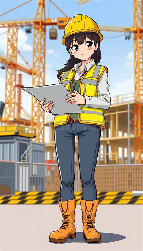 Full Shot Of Anime Style Female Construction Worker In Yellow Hardhat