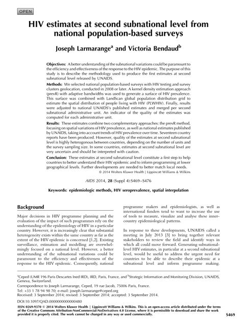 Pdf Hiv Estimates At Second Subnational Level From National Population Based Surveys