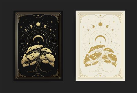 Tree Of Life With Crescent Moon Moon Phases And Stars In Engraving Luxurious Esoteric Boho
