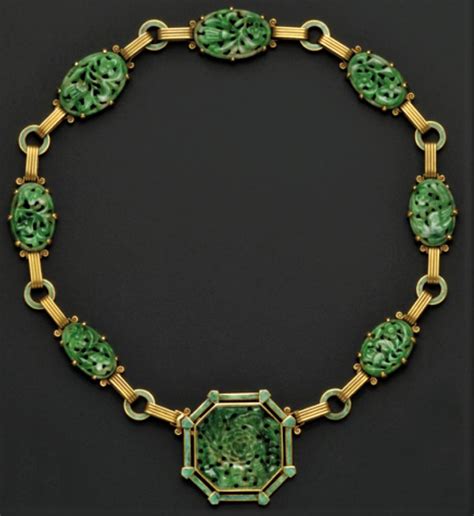This 18kt Gold Jadeite And Enamel Necklace Signed By Tiffany