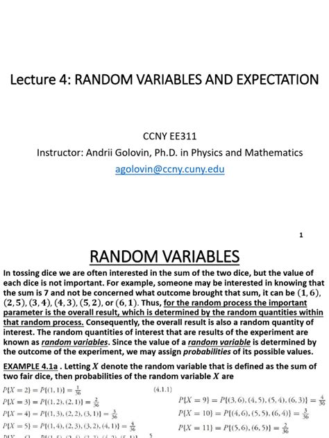 Ee311 Lecture Chapter 04 Random Variables And Expectation Pdf