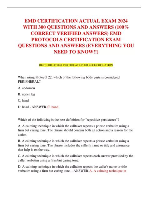 Emd Certification Actual Exam 2024 With 300 Questions And Answers 100 Correct Verified Answers