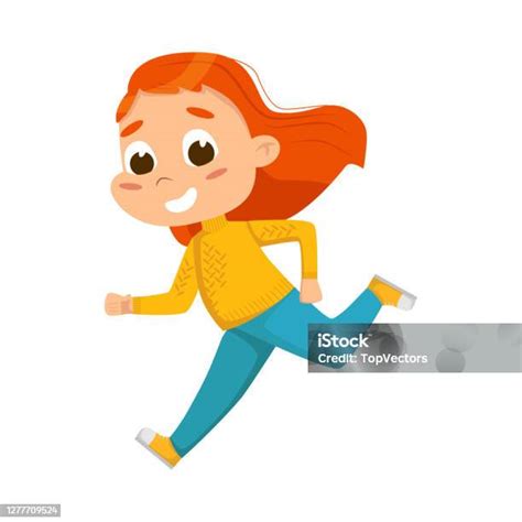 귀여운 행복한 소녀 실행 야외 만화 스타일 벡터 일러스트를 재생 미소 아이 가을에 대한 스톡 벡터 아트 및 기타 이미지 가을 놀기 독일 Istock