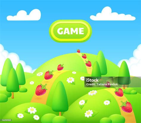 봄 배경입니다 카모마일 꽃 나무와 녹색 초원입니다 푸른 하늘이 있는 아름다운 여름 계곡 풍경의 만화 그림 어린이 게임 선택 딸기 강단에 대한 스톡 벡터 아트 및 기타 이미지