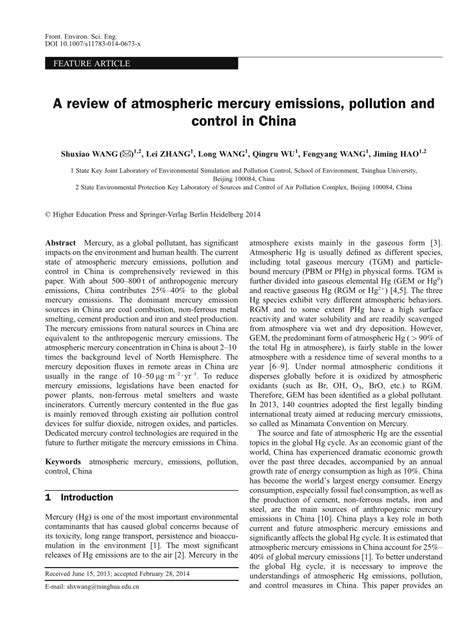 Pdf A Review Of Atmospheric Mercury Emissions Pollution And Control
