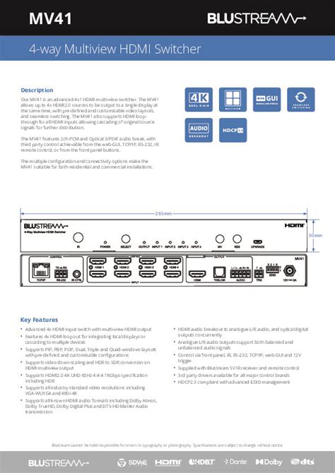 BLUSTREAM 4x1 Multiview Switcher From Alltrade MV41