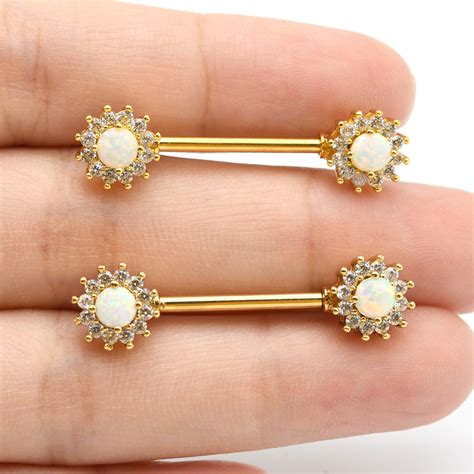 1 Pair Blue White Opal Nipple Piercing Barbell Surgical Stainless Stee