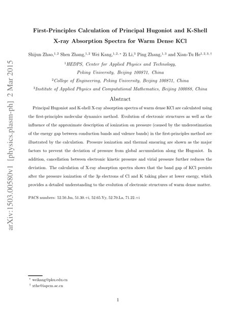 Pdf First Principles Calculation Of Principal Hugoniot And K Shell X Ray Absorption Spectra
