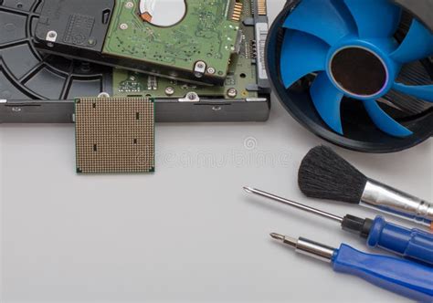 Computer Assembly Details And Tools On A White Background Stock Image
