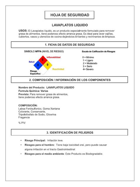Hoja De Seguridad Lavaplatos Liquido Pdf