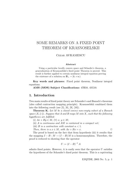 Pdf Some Remarks On A Fixed Point Theorem Of Krasnoselskii