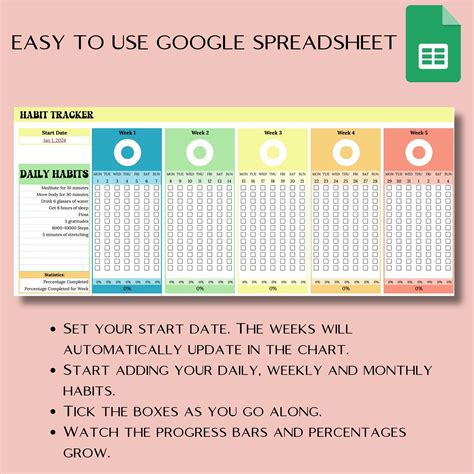 Habit Tracker Google Sheet Printable Journal Google Spreadsheet Checklist Digital Goal