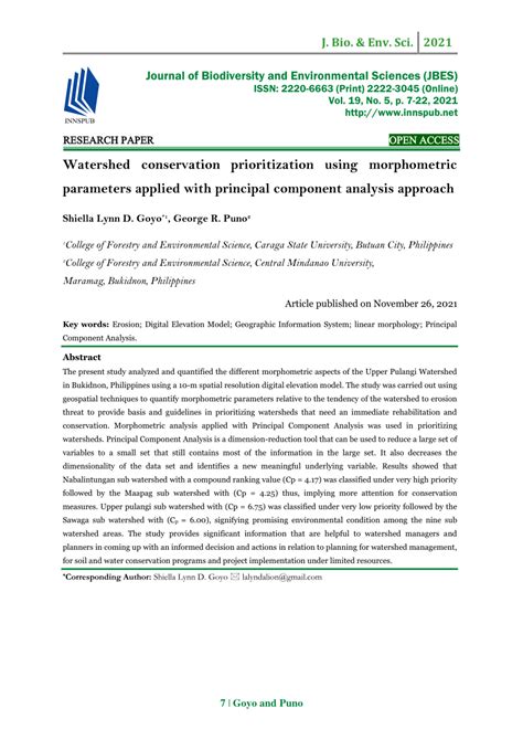 Pdf Watershed Conservation Prioritization Using Morphometric Parameters Applied With Principal