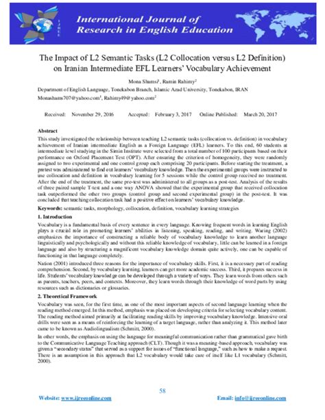 Pdf The Impact Of L2 Semantic Tasks L2 Collocation Versus L2 Definition On Iranian