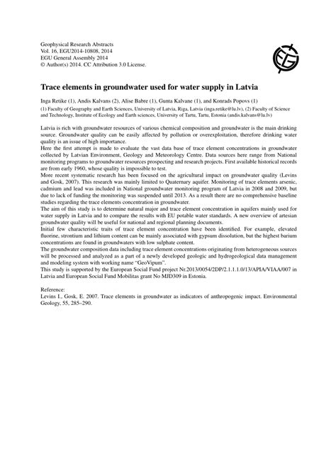 Pdf Trace Elements In Groundwater Used For Water Supply In Latvia