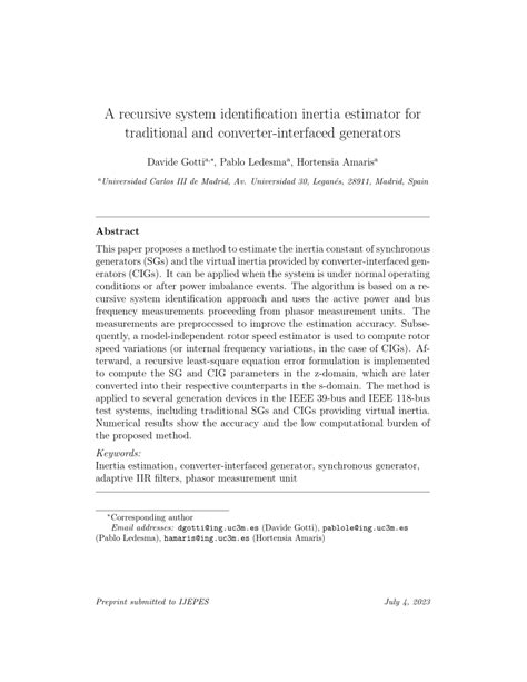 Pdf A Recursive System Identification Inertia Estimator For