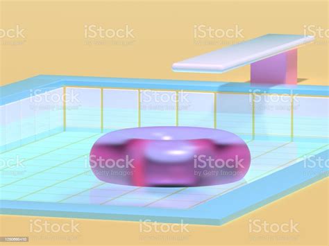 3d 렌더링 물과 분홍색 고무 부동 팽창식 링이있는 수영장은 최소한의 추세입니다 80년대와 90년대의 레트로웨이브 컨셉 수영장