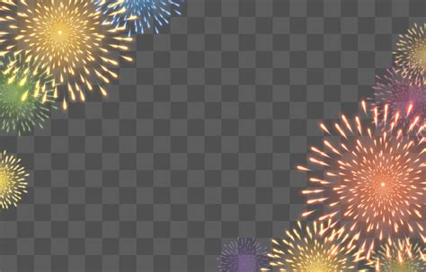 밝게 빛나는 불꽃 놀이가있는 축제 불꽃 놀이 섣달 그믐 날 불꽃 놀이 현실적인 불꽃과 폭발 화려한 불꽃 놀이가 보여줍니다 투명한 배경에 고립 된 벡터 일러스트레이션 12월