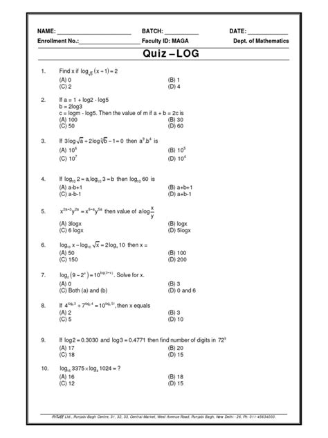 Logquiz Pdf Arithmetic Mathematical Analysis