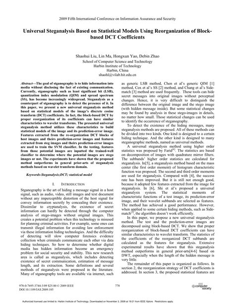 Pdf Universal Steganalysis Based On Statistical Models Using
