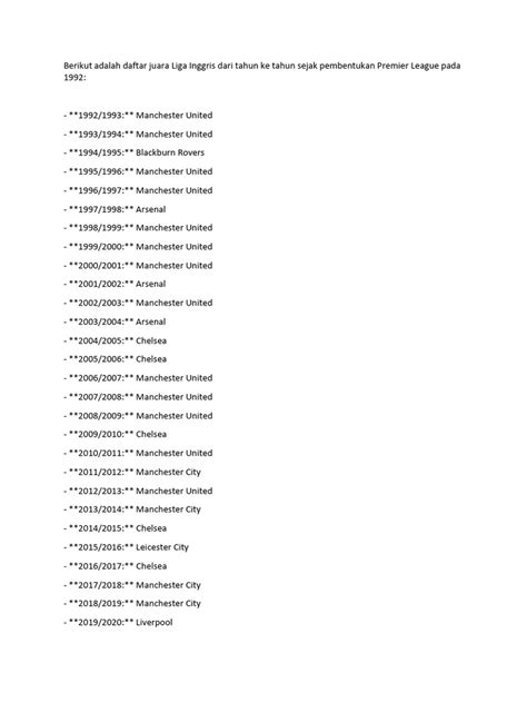 Daftar Juara Liga Inggris Pdf Teknologi And Rekayasa