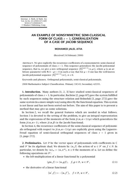 Pdf An Example Of Nonsymmetric Semi Classical Form Of Class S1 Generalization Of A Case Of
